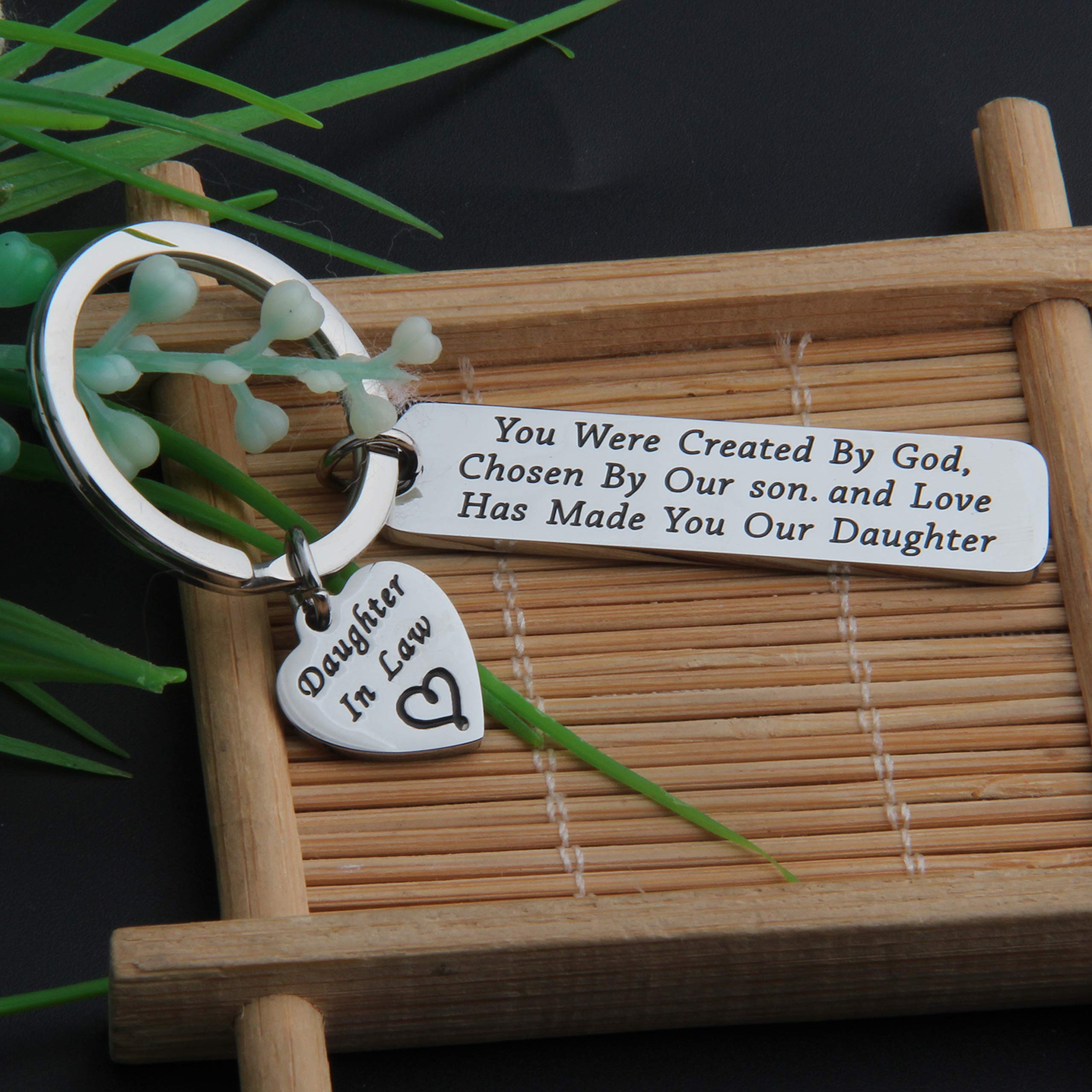 BEKECH Daughter-in-Law Gift Bonus Daughter In law Keychain Wedding Gift Jewelry from Mother-in Law You Were Created by God Chosen by Our Son and Love Has Made You Our Daughter (silver)