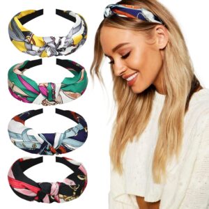 dreshow 4 pack boho fashion turban headbands for women girls flower printed plastic head band vintage cross hair accessories