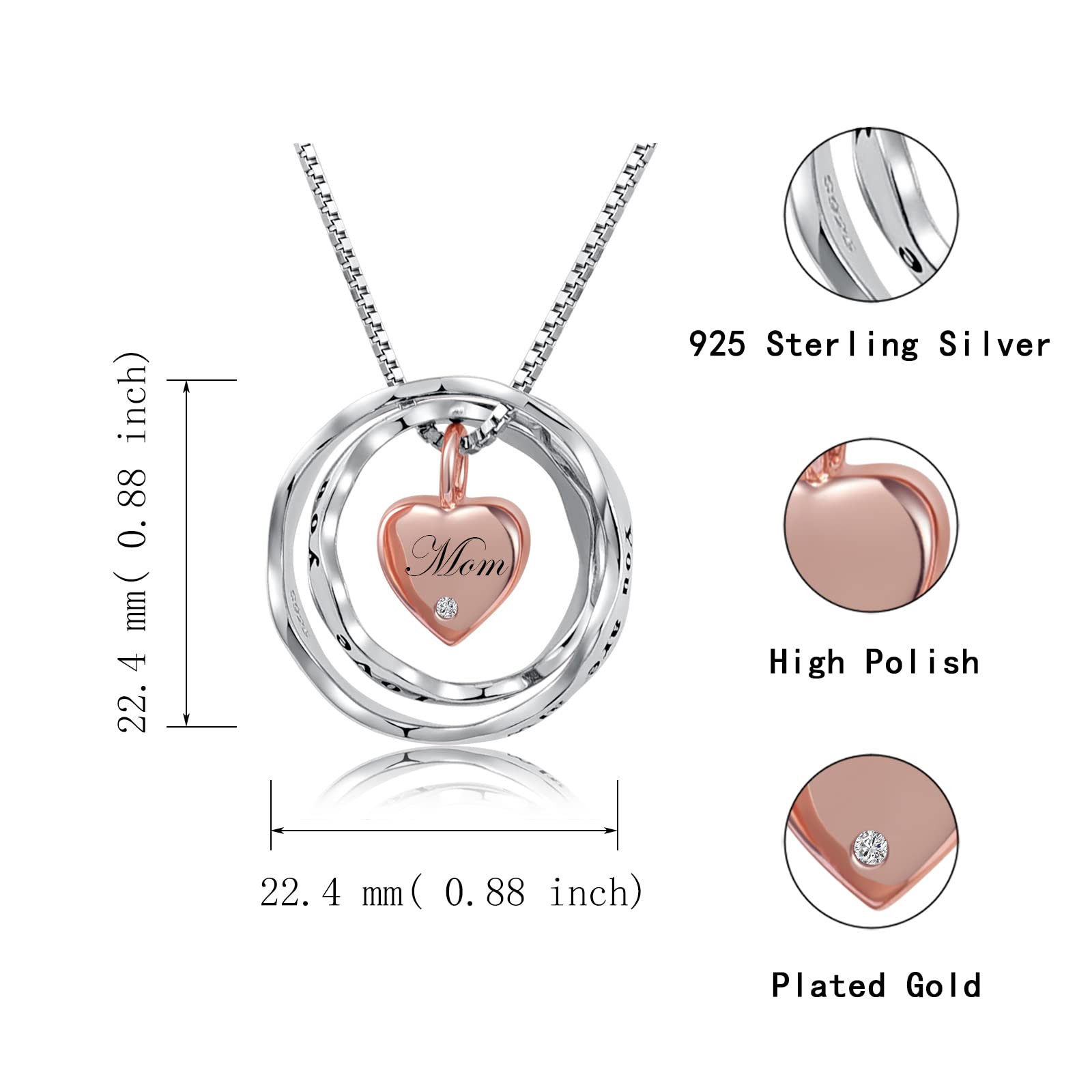 oGoodsunj Sterling Silver Keepsake Jewelry Cremation Pendant Eternity Urn Necklace for Ashes - Double Rings Urns Necklaces You Are Always In My Heart I Love You Forever (Mom, Rose Gold)