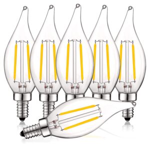 luxrite 4w vintage candelabra led bulbs dimmable, 400 lumens, 3000k soft white, led chandelier light bulbs 40w equivalent, flame clear glass, filament led candle bulb, ul listed, e12 base (6 pack)