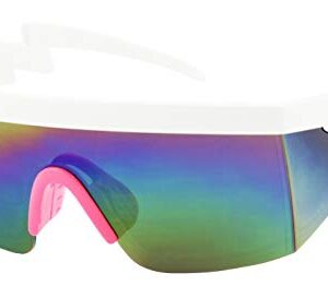 ShadyVEU Semi Rimless Neon Rainbow Sunglasses Mirrored Lens UV Protection 80s Retro Rave Shades Crooked ZigZag Bolt Arm (White w/Pink Nose Pad/Rainbow Mirrored Lens)