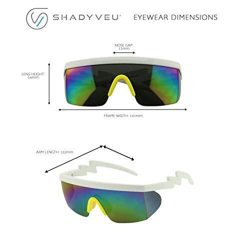 ShadyVEU Semi Rimless Neon Rainbow Sunglasses Mirrored Lens UV Protection 80s Retro Rave Shades Crooked ZigZag Bolt Arm (White w/Pink Nose Pad/Rainbow Mirrored Lens)