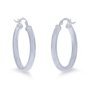 14k White Gold Solid Polished Round Hoop Earrings for Women | 3mm Thick | Classic Style | Round Hoop Earrings | Secure Click-Top | Shiny Polished Earrings, 3x25mm