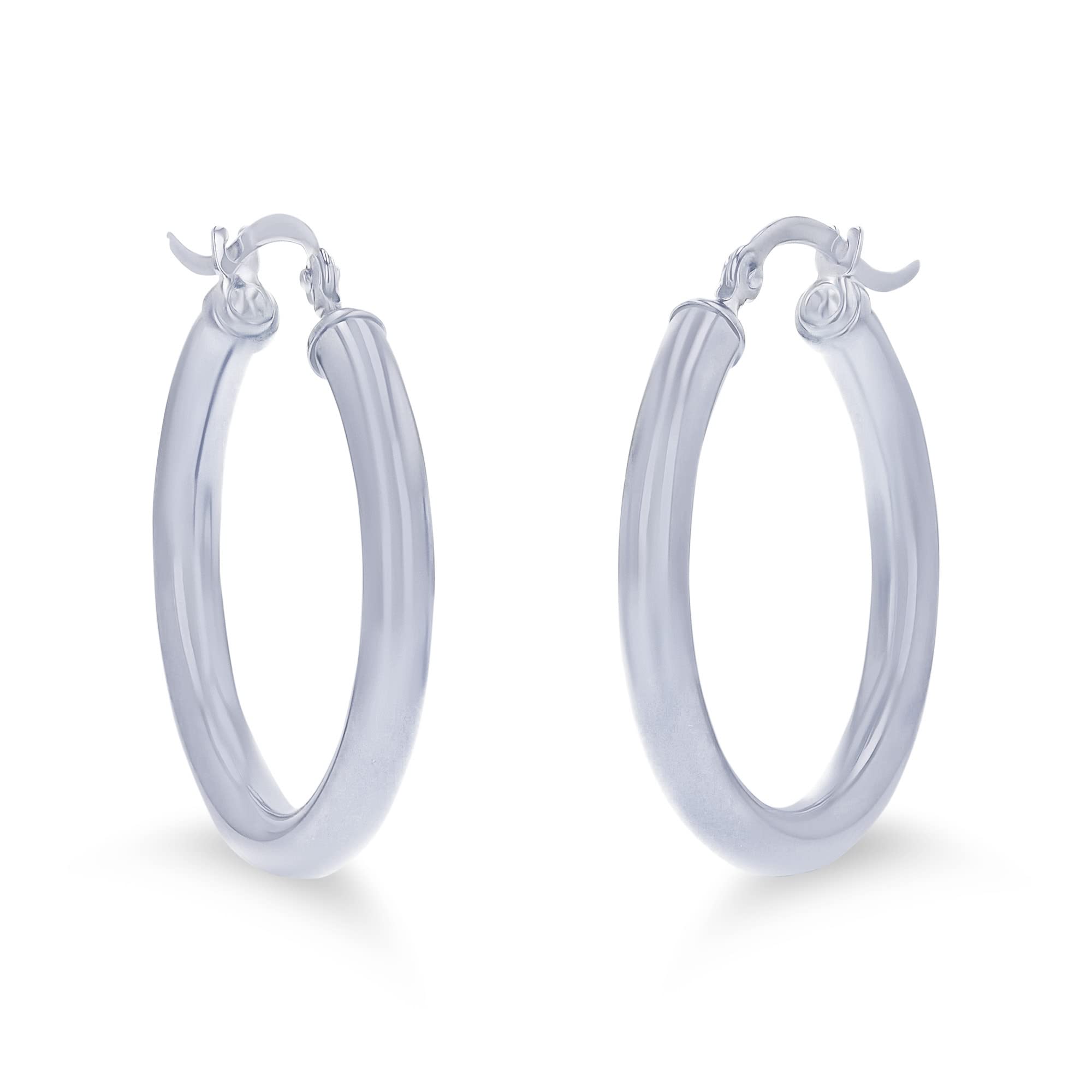 14k White Gold Solid Polished Round Hoop Earrings for Women | 3mm Thick | Classic Style | Round Hoop Earrings | Secure Click-Top | Shiny Polished Earrings, 3x25mm