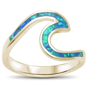 oxford diamond co wave design .925 sterling silver ring sizes 2-12 choose your color (yellow plated created blue opal, 7)