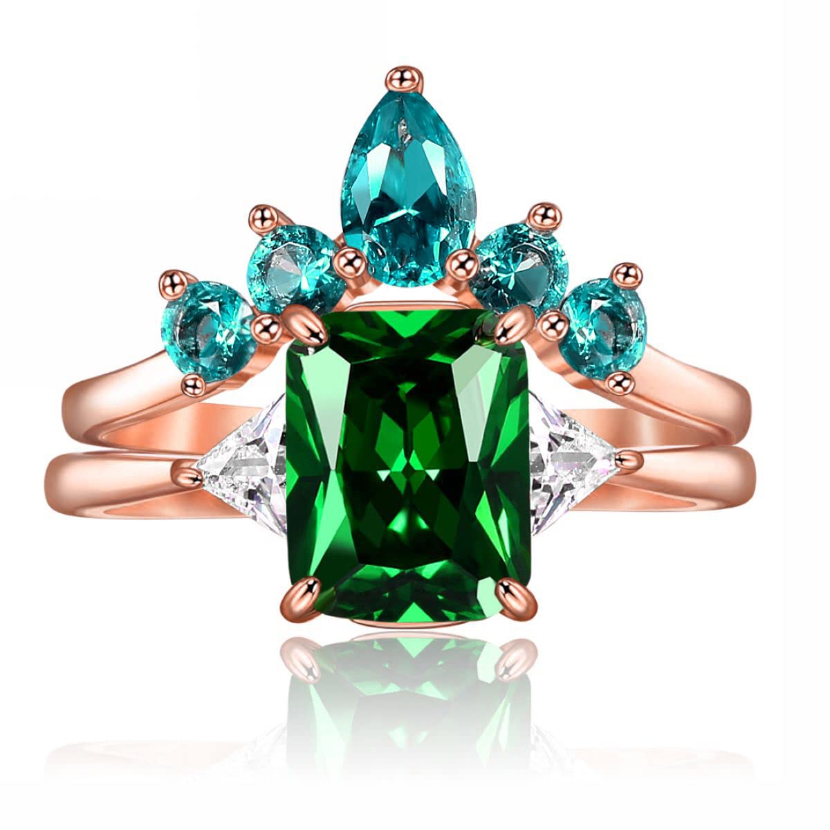 JIANGYUE Emerald Green Ring Rose Gold Plated Emerald Green Cubic Zirconia Engagement Rings for Women Mother Jewelry Size 6