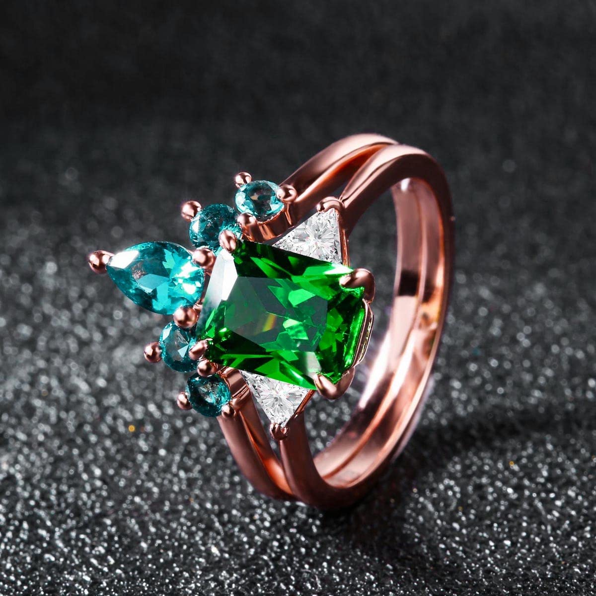 JIANGYUE Emerald Green Ring Rose Gold Plated Emerald Green Cubic Zirconia Engagement Rings for Women Mother Jewelry Size 6