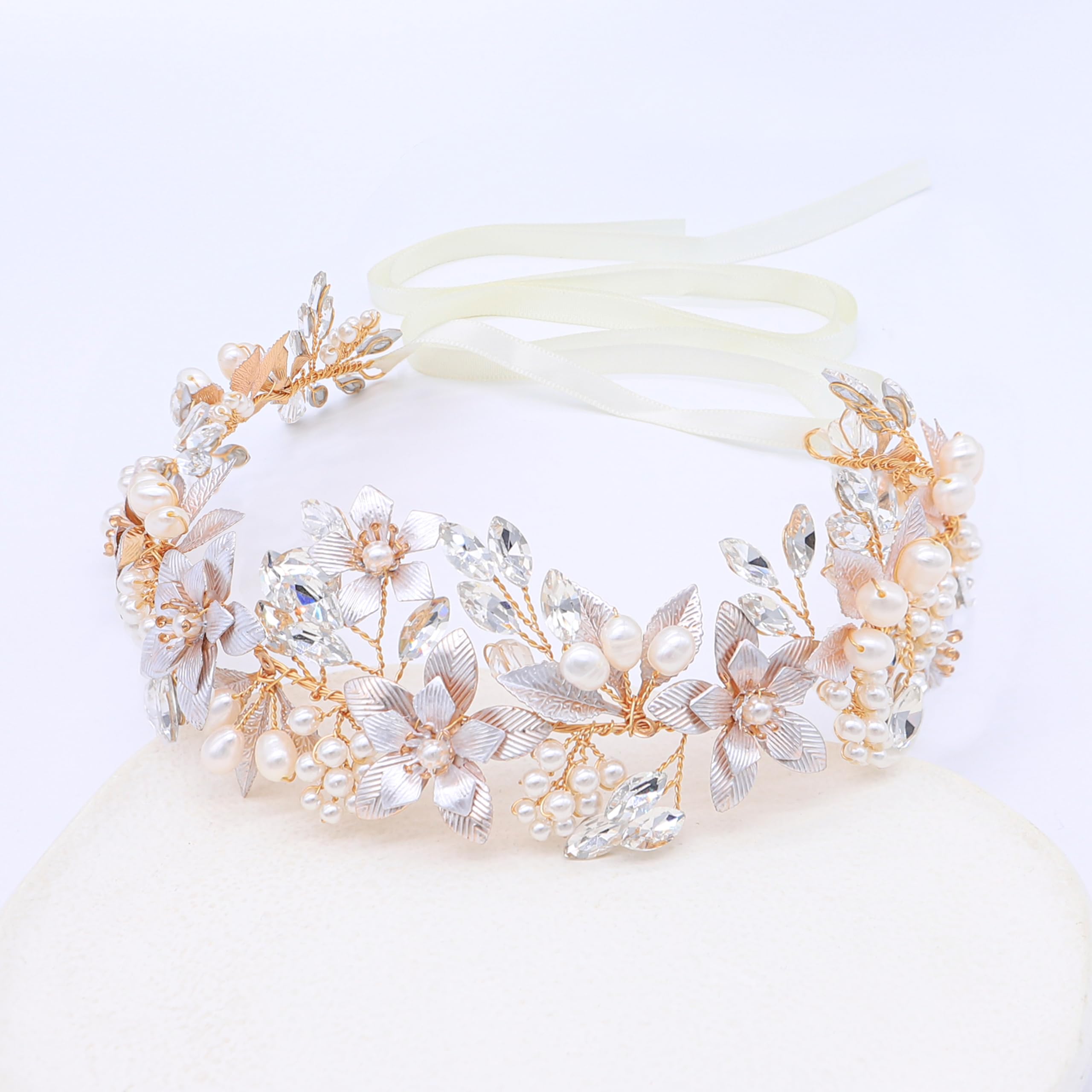 Oriamour Wedding Headband Bridal Headpiece Flower Design With Genuine Freshwater Pearls And Ribbons Hair Accessories For Bride (Gold)