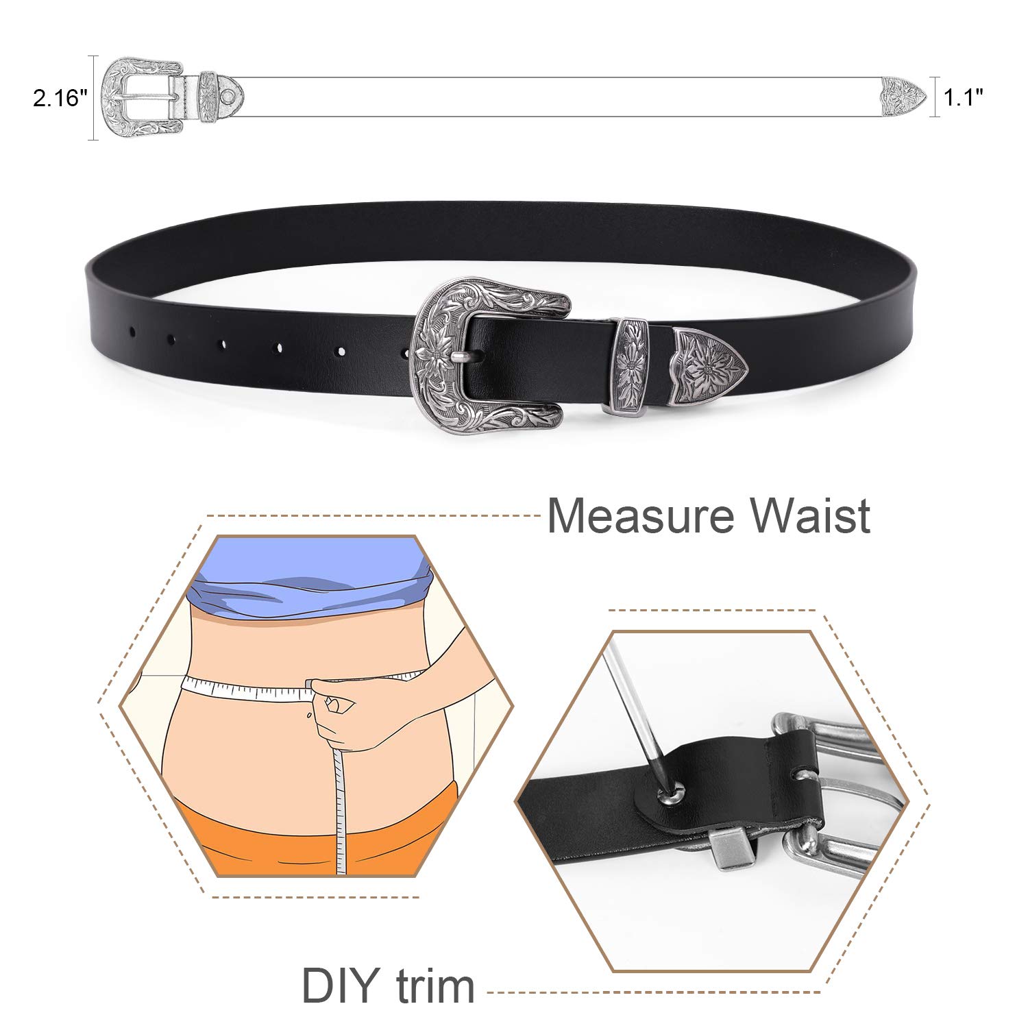 WERFORU Women Leather Belt for Jeans Pants Ladies Black Belt for Dress with Western Silver Buckle, Black,Small(Length 39.3 Inches, Suit for waist size 23"-26")-