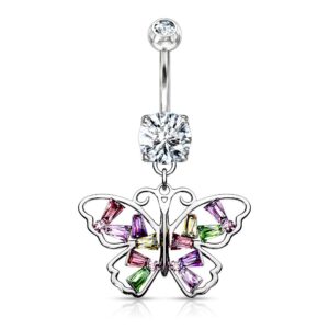 amelia fashion 14ga butterfly with multi colored baguette cz wings dangle belly button/navel ring 316l surgical steel (silver/multi)