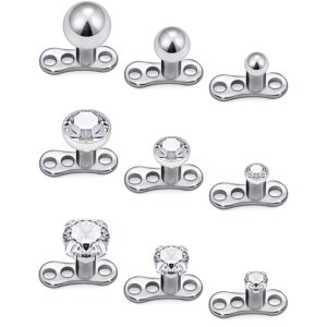 lcolyoli 9pcs medical grade g23 titanium dermal anchor tops with cubic zirconia base microdermals piercing jewelry for women men 14 gauge silver-tone