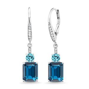 gem stone king 925 sterling silver london blue topaz and swiss blue topaz dangle earrings for women (6.13 cttw, gemstone november birthstone, emerald cut 9x7mm)