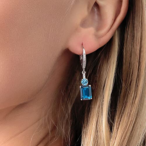 Gem Stone King 925 Sterling Silver London Blue Topaz and Swiss Blue Topaz Dangle Earrings For Women (6.13 Cttw, Gemstone November Birthstone, Emerald Cut 9X7MM)