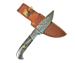 titan international knives damascus td-191 steel hunting knife with leather pouch