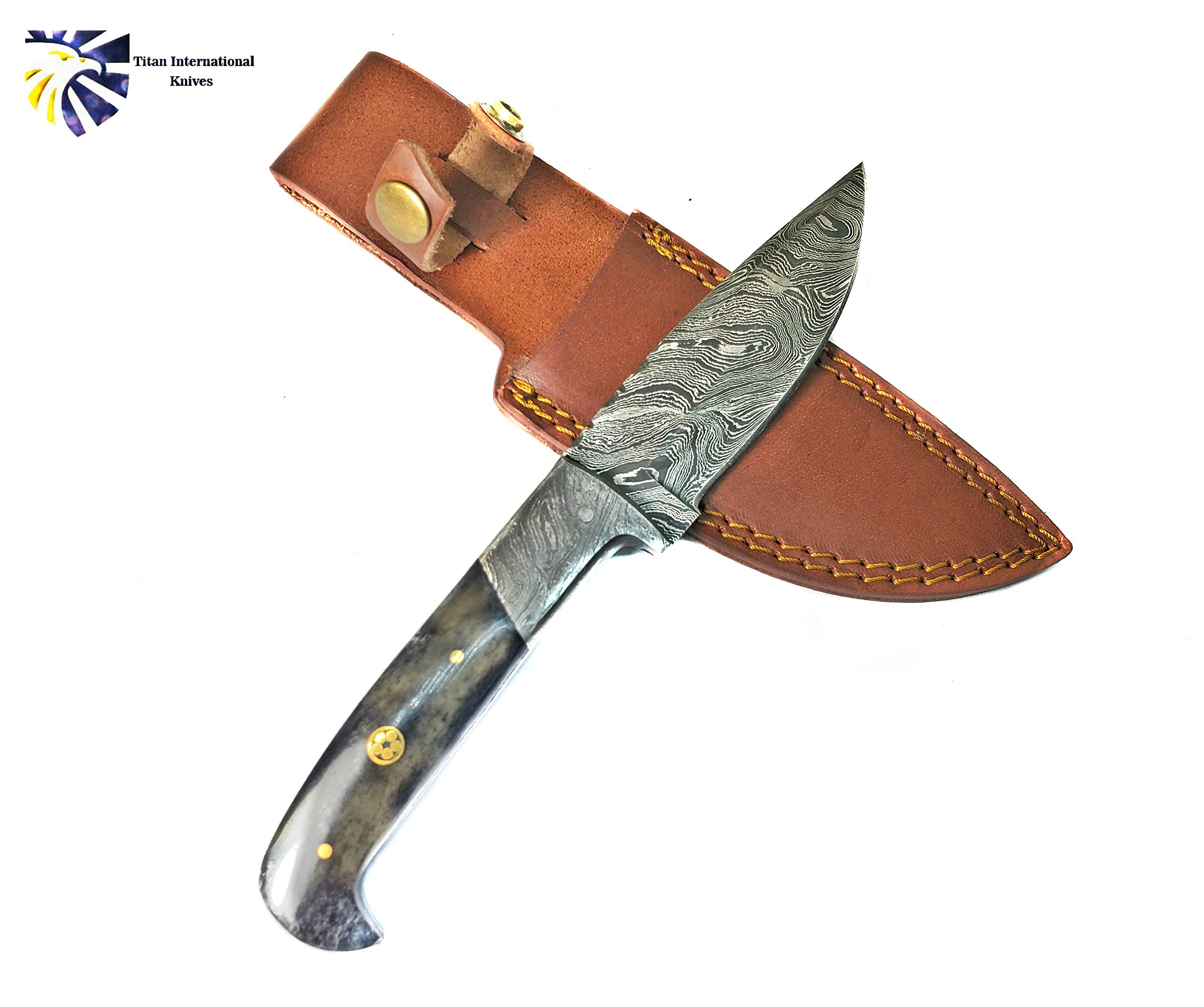 Titan International Knives Damascus TD-191 Steel Hunting Knife with Leather Pouch