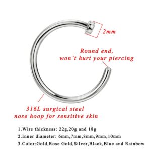 FANSING 316l Surgical Steel Nose Ring Open Nose Hoop Nose Rings 18 Gauge 7mm Nostril Piercing Jewelry Silver Stainless Steel Nose Ring 18g Women Men Body Jewelry