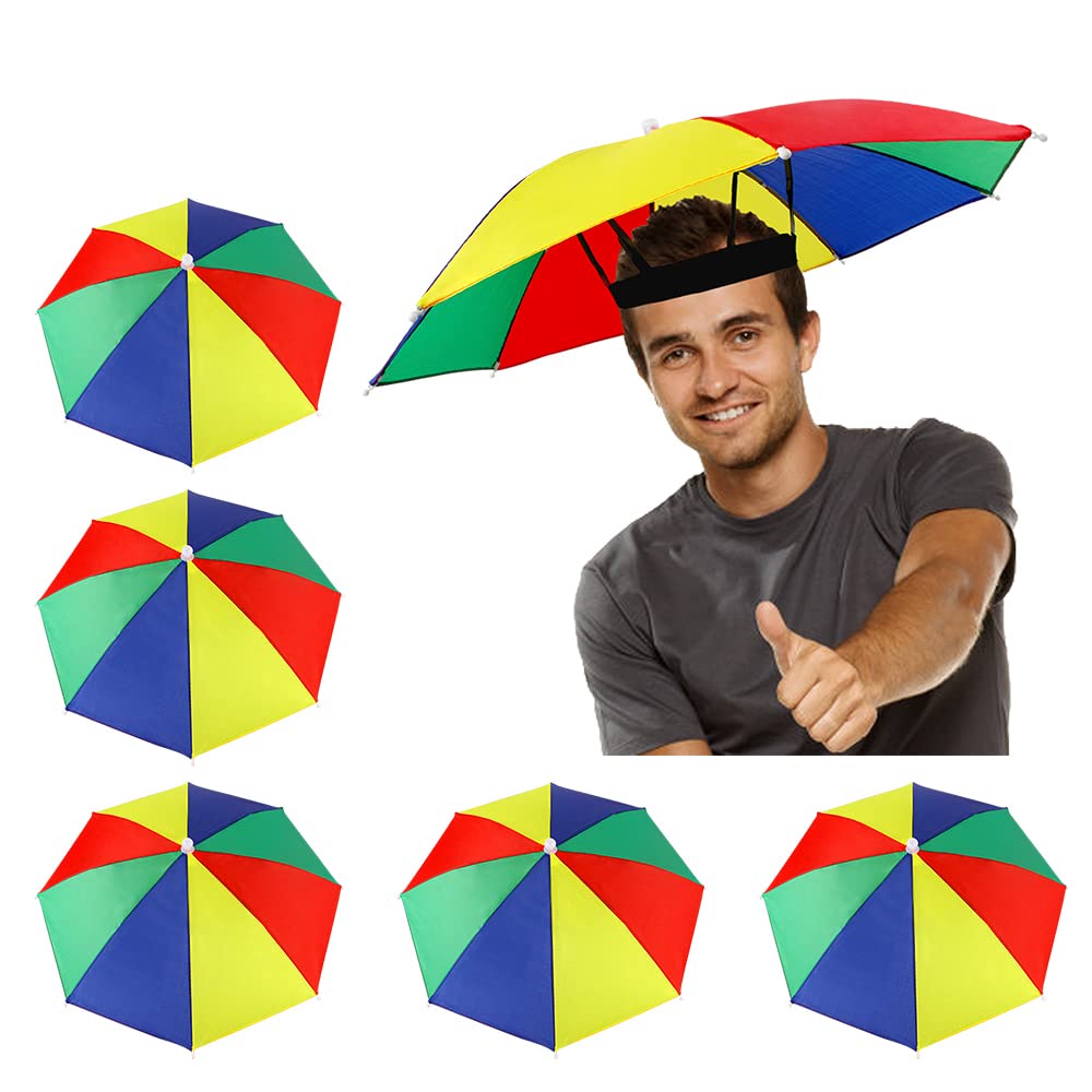 5 Pack Umbrella Hat with Elastic Band, Rainbow Waterproof Fishing Umbrella Hat for Adults Kids Women Men