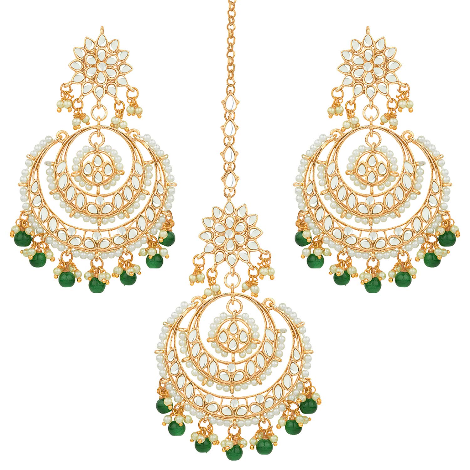 Aheli Bollywood Ethnic Chandbali Style Big Earrings Maang Tikka Set Traditional Fashion Jewelry for Women (Green)