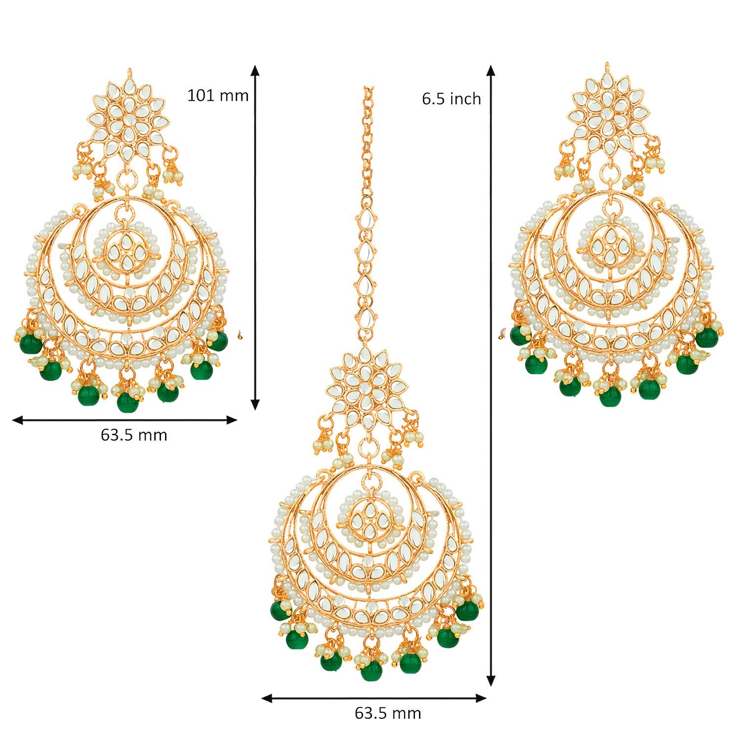 Aheli Bollywood Ethnic Chandbali Style Big Earrings Maang Tikka Set Traditional Fashion Jewelry for Women (Green)