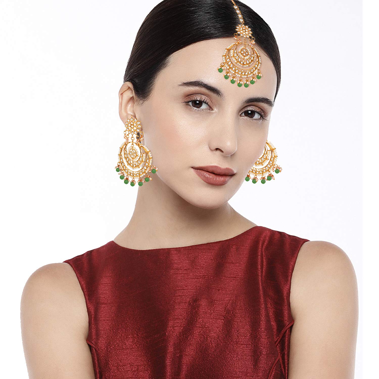 Aheli Bollywood Ethnic Chandbali Style Big Earrings Maang Tikka Set Traditional Fashion Jewelry for Women (Green)