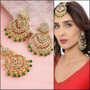 Aheli Bollywood Ethnic Chandbali Style Big Earrings Maang Tikka Set Traditional Fashion Jewelry for Women (Green)