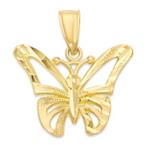 10k real solid gold butterfly pendant necklace finished with milgrain and diamond cut, dainty animal charms fashion jewelry for women symbol of hope (yellow-gold, 0)