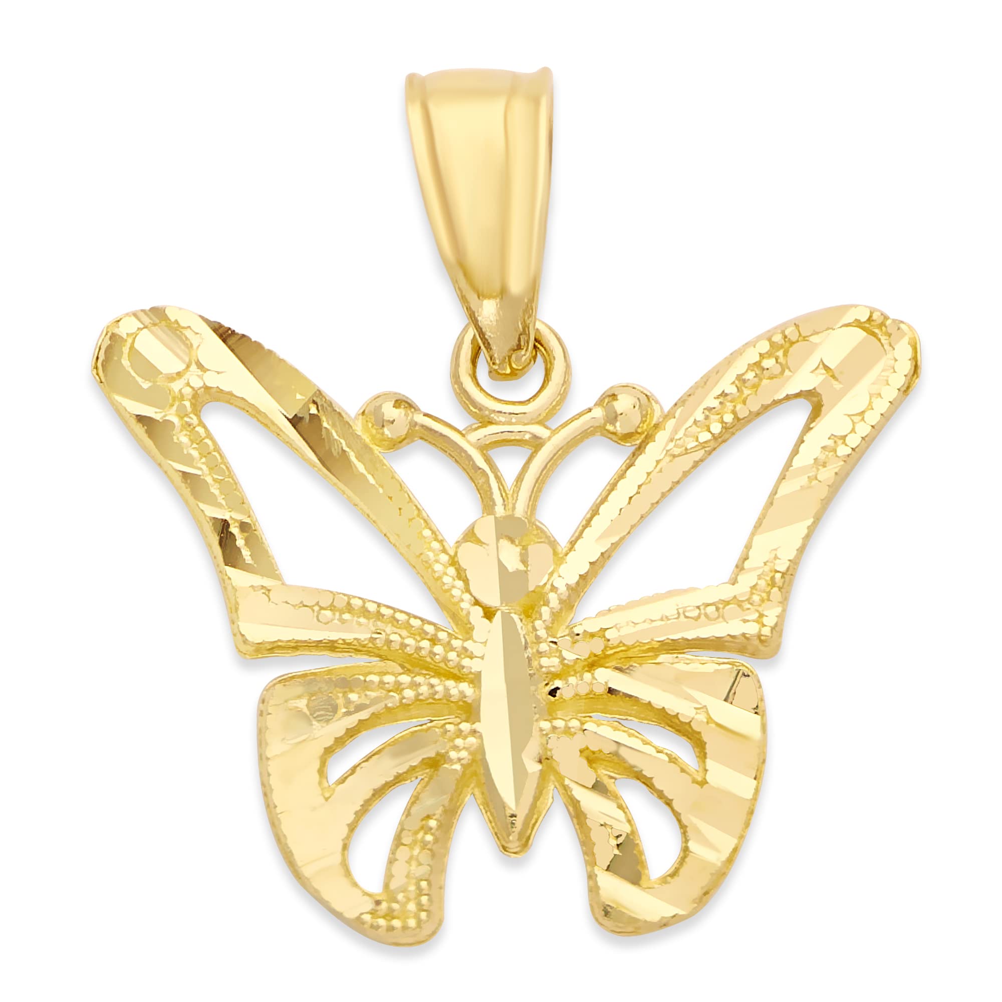 10k Real Solid Gold Butterfly Pendant Necklace Finished with Milgrain and Diamond Cut, Dainty Animal Charms Fashion Jewelry for Women Symbol of Hope (Yellow-Gold, 0)