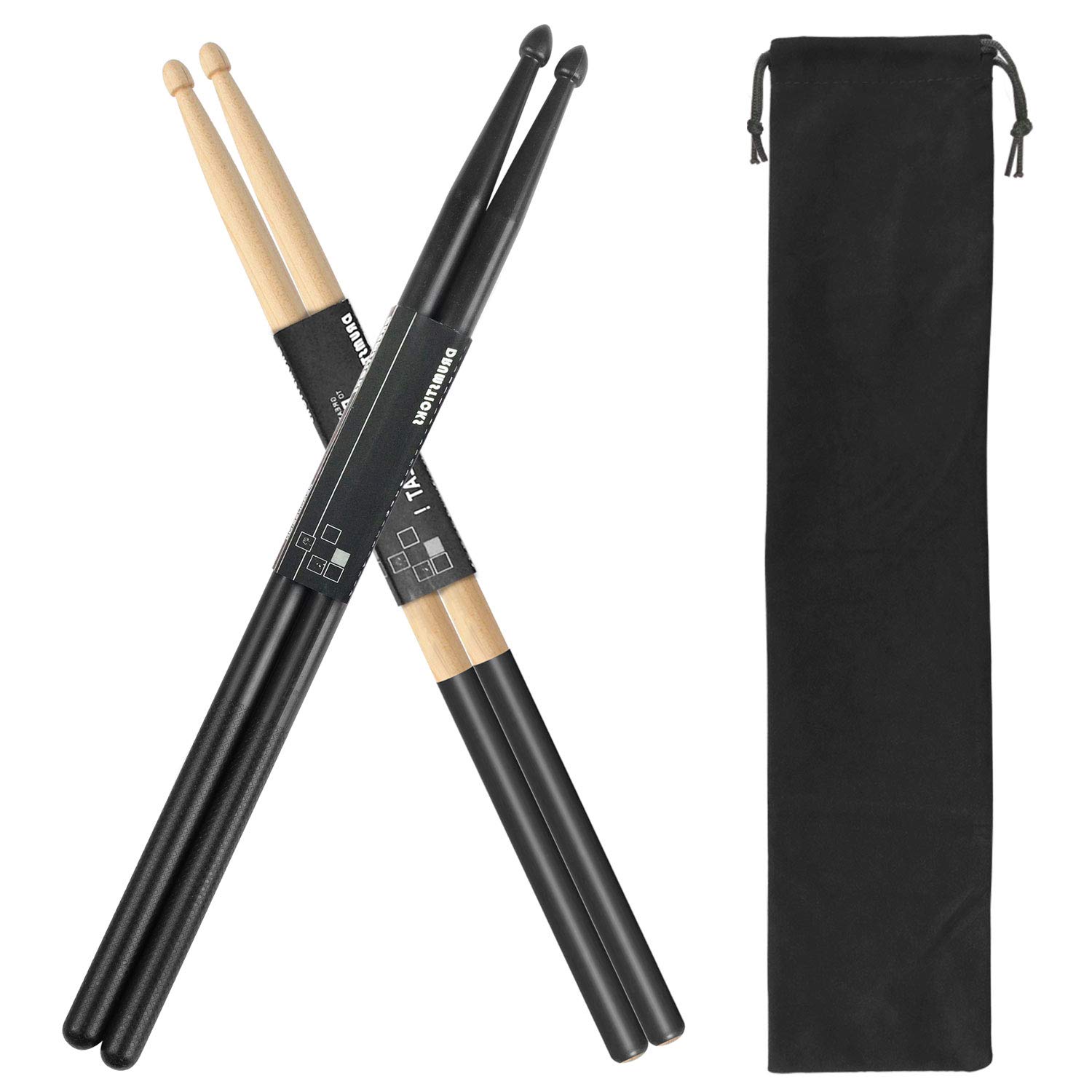 Drum Sticks 5A 1 Pair Nylon Drumsticks 1 Pair Non-Slip Maple Wood with a Velvet Drawstring Bag(Black)