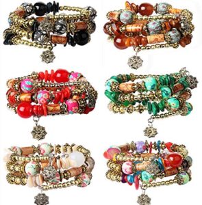 fibo steel 6 sets bohemian stackable bead bracelets for women stretch multilayered bracelet set multicolor jewelry,big beads vintage style