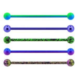 oufer 14g 5 pcs surgical steel industrial barbell green purple blue splatter industrial piercing for women men cartilage earrings 38mm body jewelry piercing