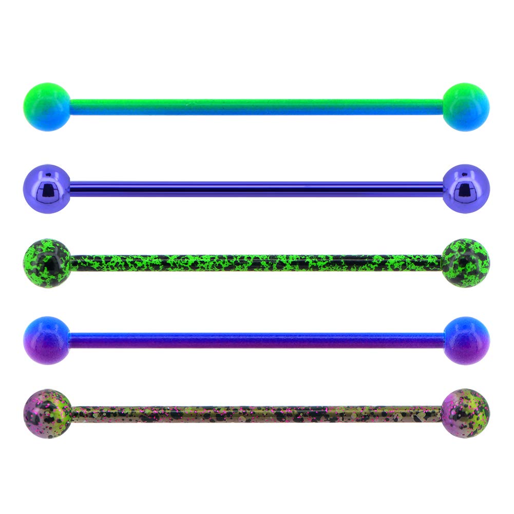 OUFER 14G 5 PCS Surgical Steel Industrial Barbell Green Purple Blue Splatter Industrial Piercing for Women Men Cartilage Earrings 38mm Body Jewelry Piercing