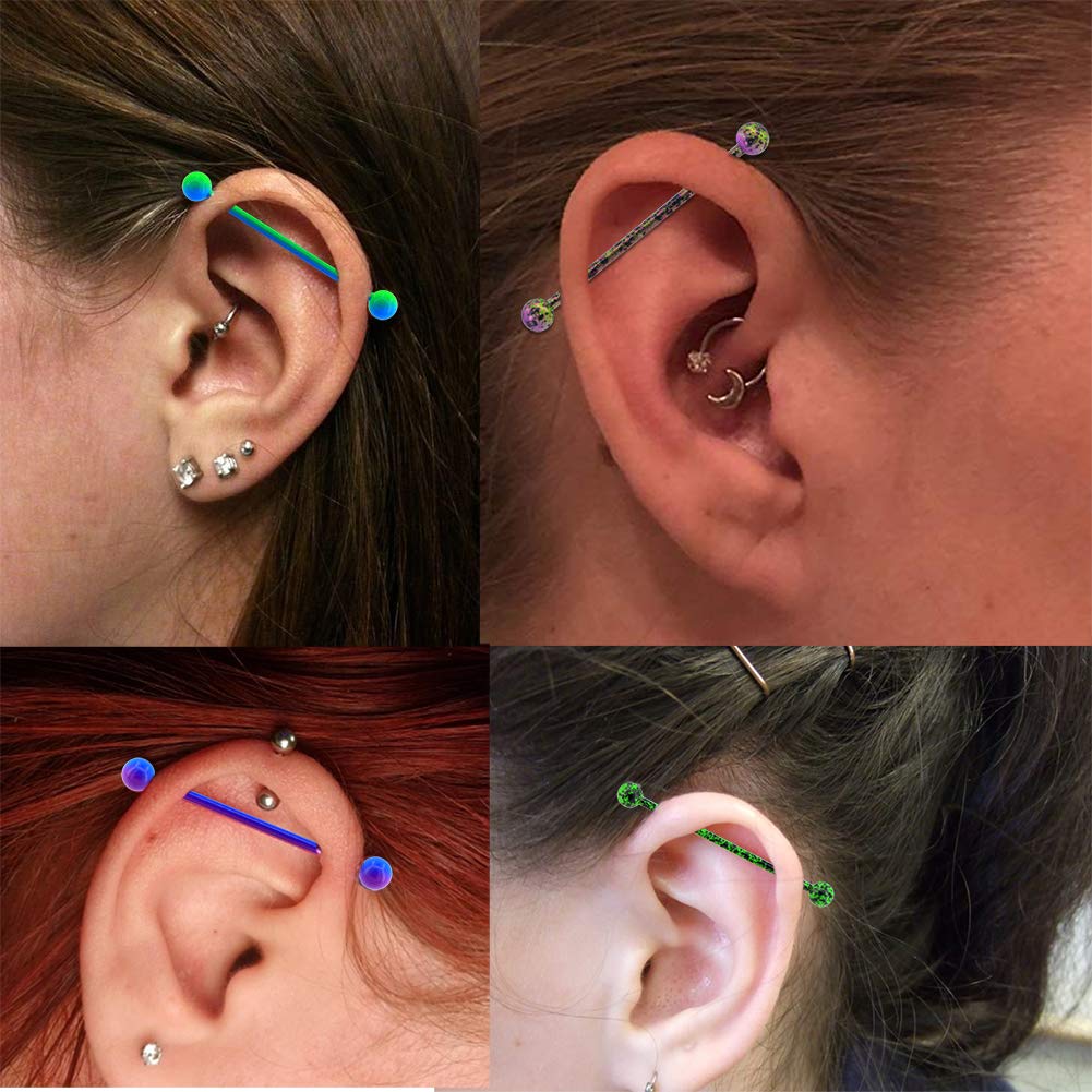 OUFER 14G 5 PCS Surgical Steel Industrial Barbell Green Purple Blue Splatter Industrial Piercing for Women Men Cartilage Earrings 38mm Body Jewelry Piercing