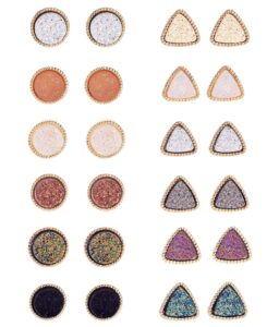 12 pairs druzy stud earrings for women 12mm round triangle resin cluster stud earrings set stainless steel pierced gold black multicolor