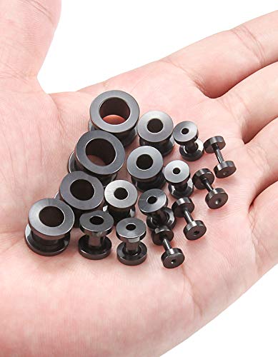 Jenxnjsjo Black Gauges for Ears 14G to 00G Tunnels Ear Stretching Kit Gauge Plugs Gage Stretchers Expander Starter Kits Double Zero Gauging Plug Earrings Set Surgical Stainless Steel for Women Men