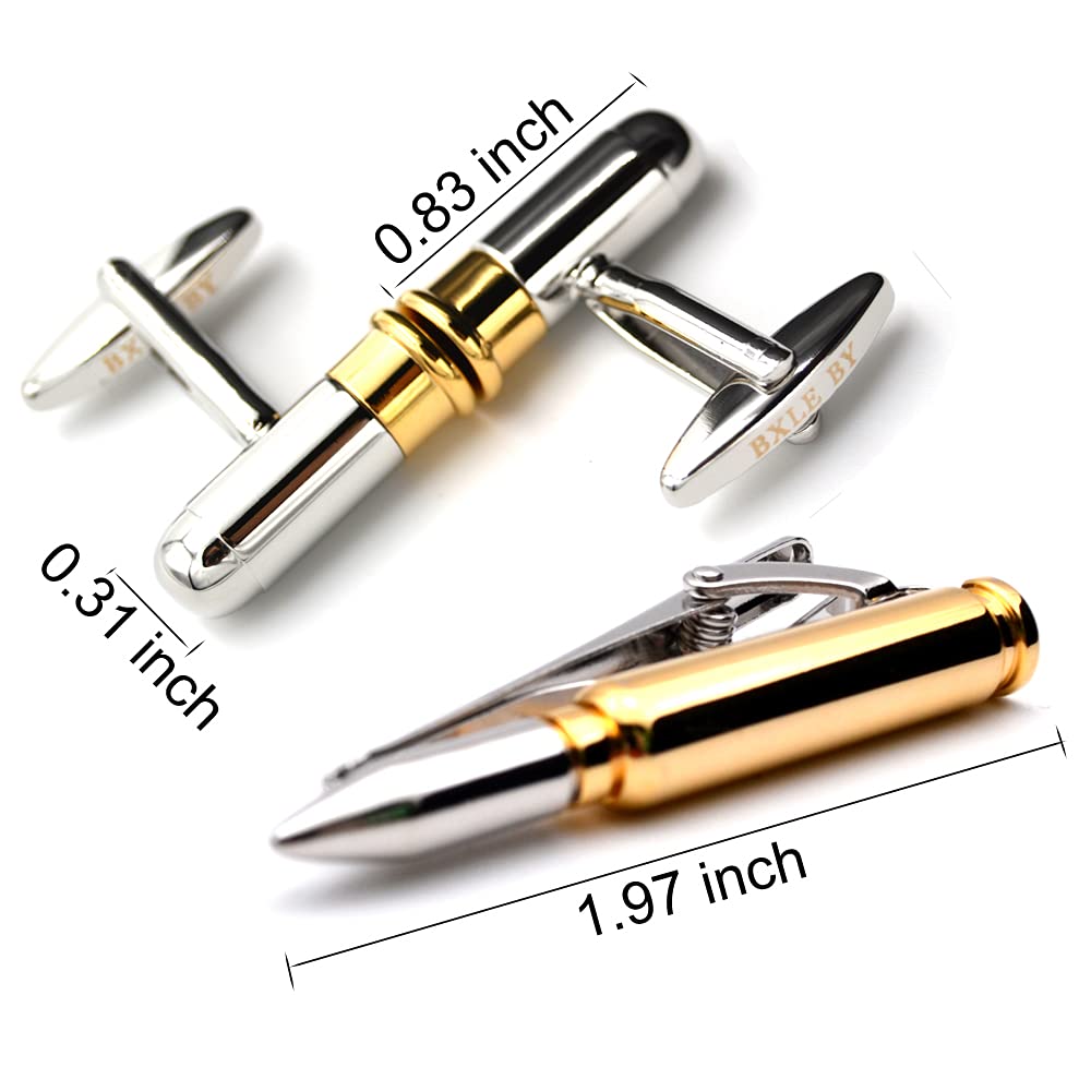 Bullet Cufflinks Tie Clip Set, Gold Cuff Links for Men, Men's Gun Shot Tie Bar Clip, Mens Cufflink, Bullets Stickpins and Cuff link Gifts for Hunter Soldier Cops Policemen (Gift Boxed Tie Pin + Cufflink)