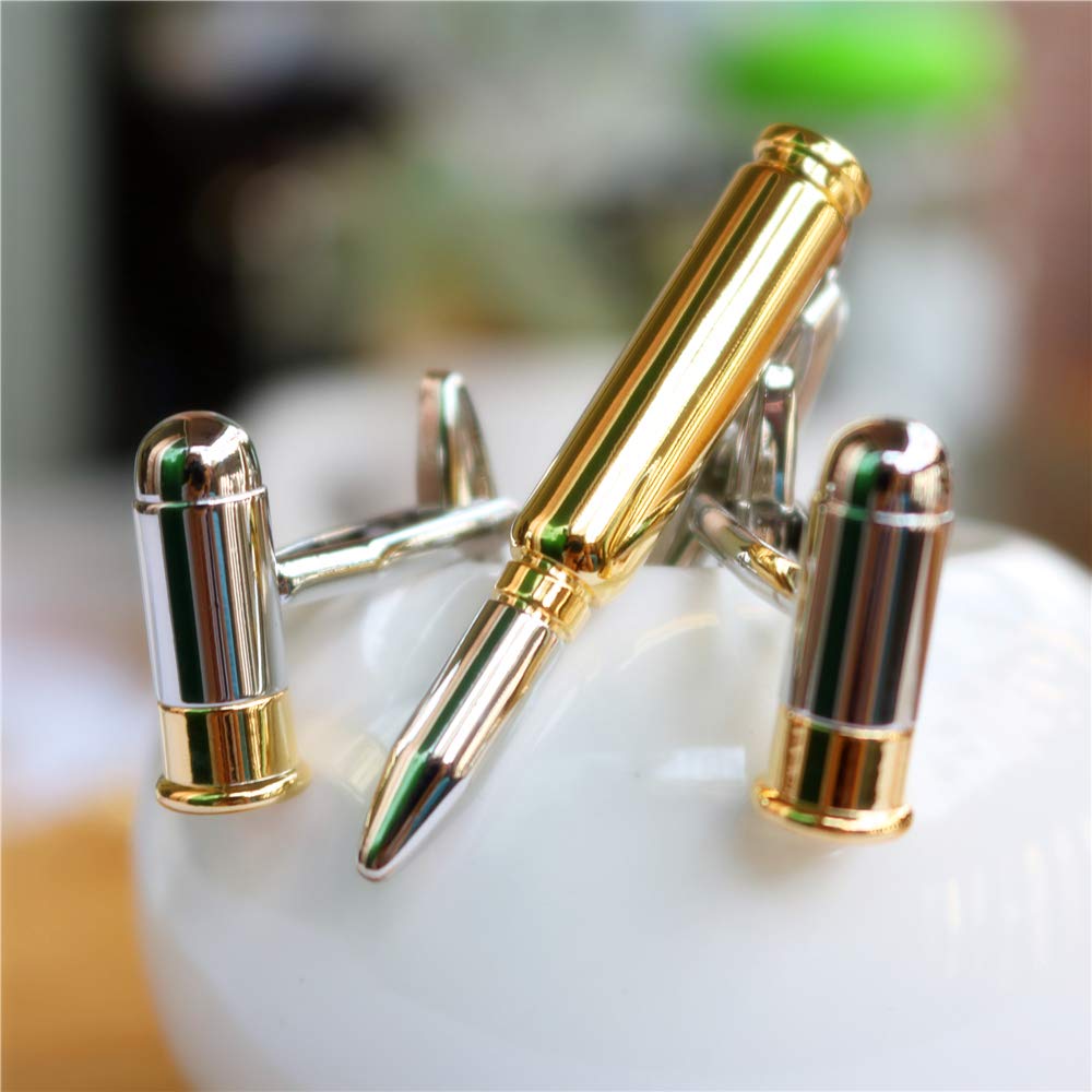 Bullet Cufflinks Tie Clip Set, Gold Cuff Links for Men, Men's Gun Shot Tie Bar Clip, Mens Cufflink, Bullets Stickpins and Cuff link Gifts for Hunter Soldier Cops Policemen (Gift Boxed Tie Pin + Cufflink)