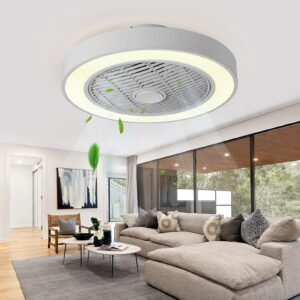 jinweite ceiling fan with light, 19 inches led remote control fully dimmable lighting modes invisible acrylic blades metal shell semi flush mount low profile fan,white