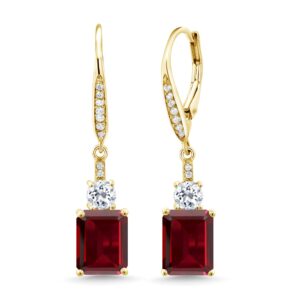 gem stone king 18k yellow gold plated silver red garnet and white topaz dangle earrings for women (5.88 cttw, gemstone january birthstone, octagon 9x7mm)