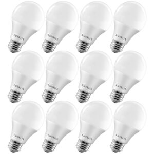 luxrite a19 led light bulb 60w equivalent, 3000k soft white dimmable, 800 lumens, standard led bulb 9w, e26 base, energy star, enclosed fixture rated, perfect for lamps and home lighting (12 pack)