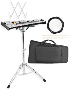 mr.power 32 notes glockenspiel bell kit with 8'' practice pad, adjustable height stand, music sheet clip, glockenspiel mallets, drumsticks, and carrying bag