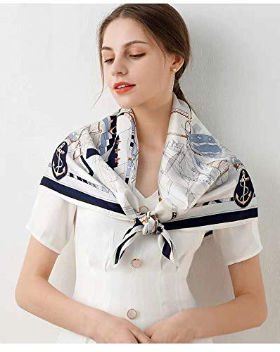 ANDANTINO 100% Pure Mulberry Silk Scarf 35" Large Square Lightweight Headscarf –Women’s Hair Wraps-With Gift Packed (Navy Blue&White)