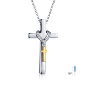 ogoodsunj sterling silver cross urn necklace - memorial pendant cremation jewelry keepsake pendant gift for ashes for women men (gold)