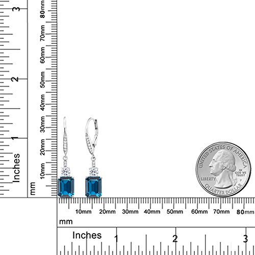 Gem Stone King 925 Sterling Silver London Blue Topaz and White Topaz Dangle Earrings For Women (6.08 Cttw, Gemstone November Birthstone, Emerald Cut 9X7MM)