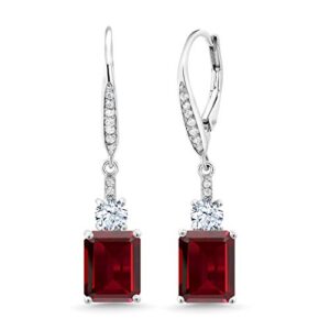 gem stone king 925 sterling silver red garnet dangle earrings for women (5.22 cttw, gemstone january birthstone, octagon 9x7mm)