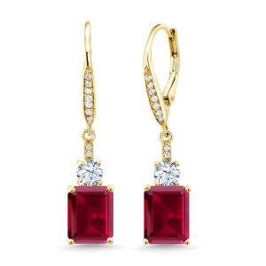 gem stone king 18k yellow gold plated silver red created ruby dangle earrings for women (5.60 cttw, gemstone july birthstone, emerald cut 9x7mm)