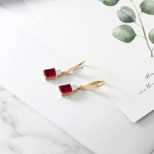 Gem Stone King 18K Yellow Gold Plated Silver Red Created Ruby Dangle Earrings For Women (5.60 Cttw, Gemstone July Birthstone, Emerald Cut 9X7MM)