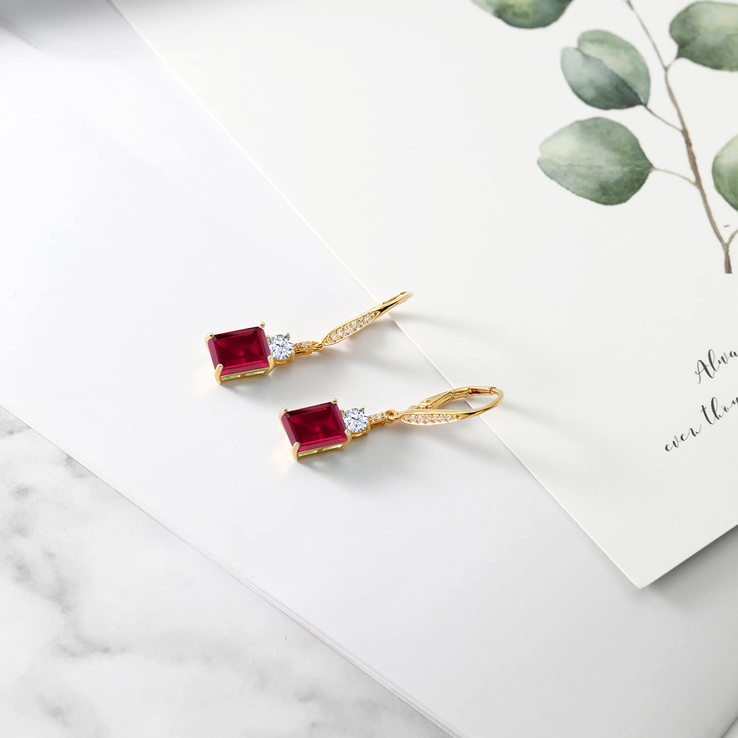 Gem Stone King 18K Yellow Gold Plated Silver Red Created Ruby Dangle Earrings For Women (5.60 Cttw, Gemstone July Birthstone, Emerald Cut 9X7MM)