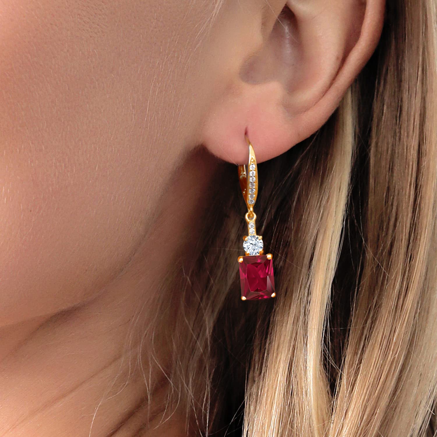 Gem Stone King 18K Yellow Gold Plated Silver Red Created Ruby Dangle Earrings For Women (5.60 Cttw, Gemstone July Birthstone, Emerald Cut 9X7MM)