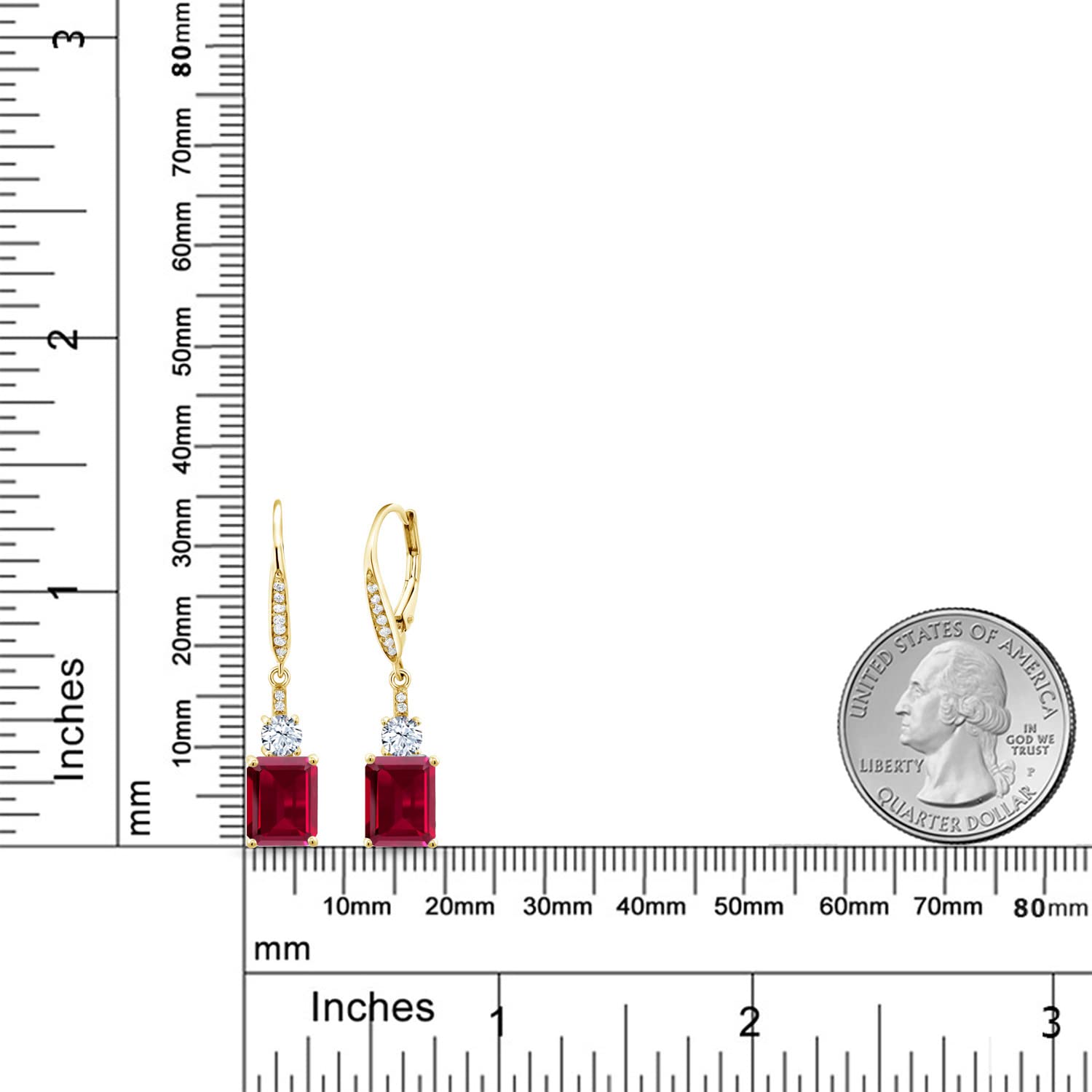 Gem Stone King 18K Yellow Gold Plated Silver Red Created Ruby Dangle Earrings For Women (5.60 Cttw, Gemstone July Birthstone, Emerald Cut 9X7MM)