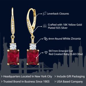 Gem Stone King 18K Yellow Gold Plated Silver Red Created Ruby Dangle Earrings For Women (5.60 Cttw, Gemstone July Birthstone, Emerald Cut 9X7MM)